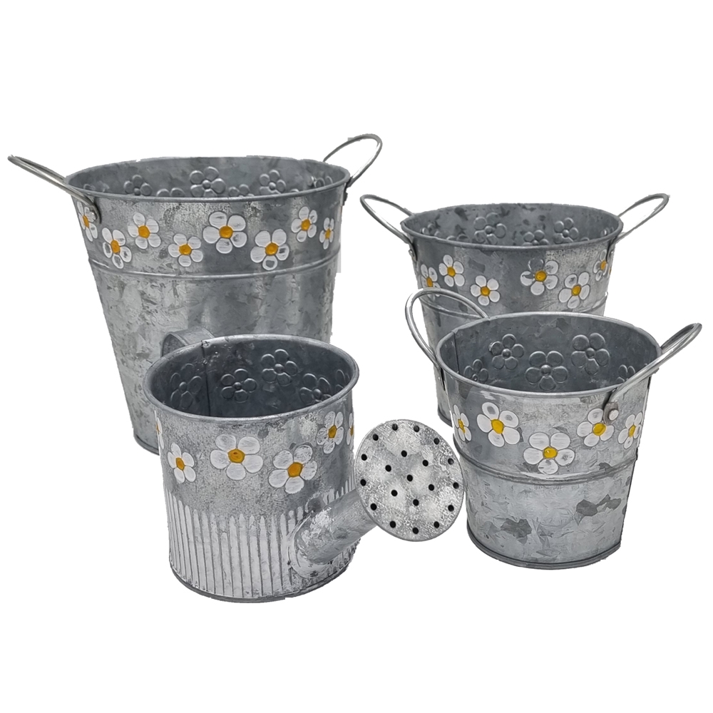 Metal Daisy Planters Bucket Style Set of 4 - e-Pots