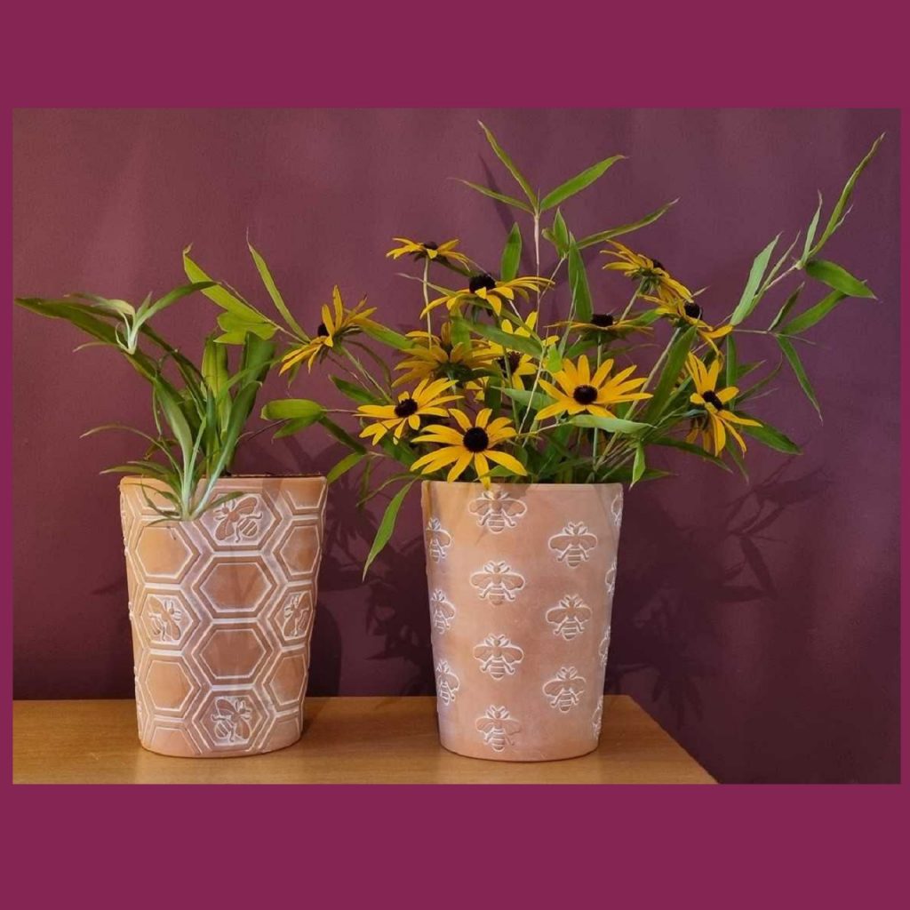 Set of Two Lovely Bee Themed Terracotta Pots - e-Pots
