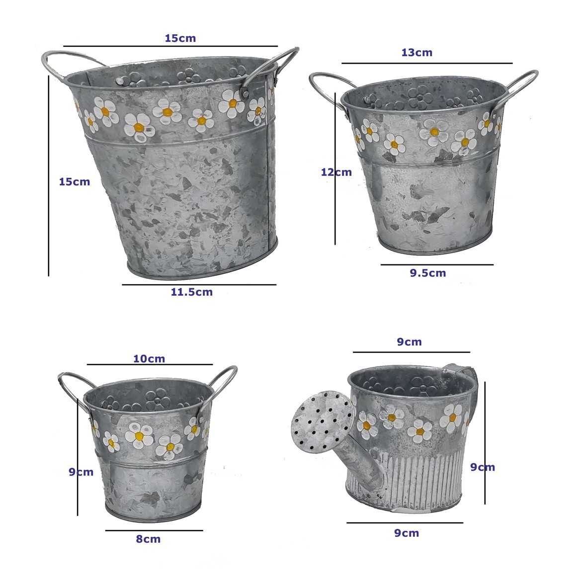 Metal Daisy Planters Bucket Style Set of 4 - e-Pots