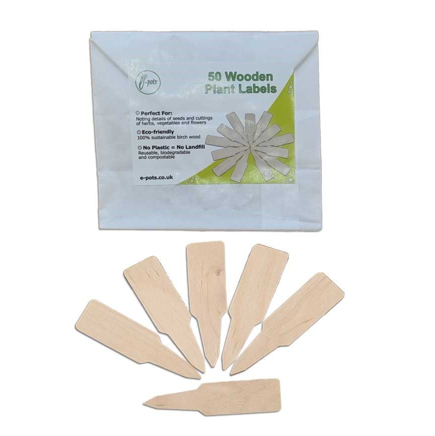 Natural Wood Plant Labels x 50 In Compostable Bag - e-Pots